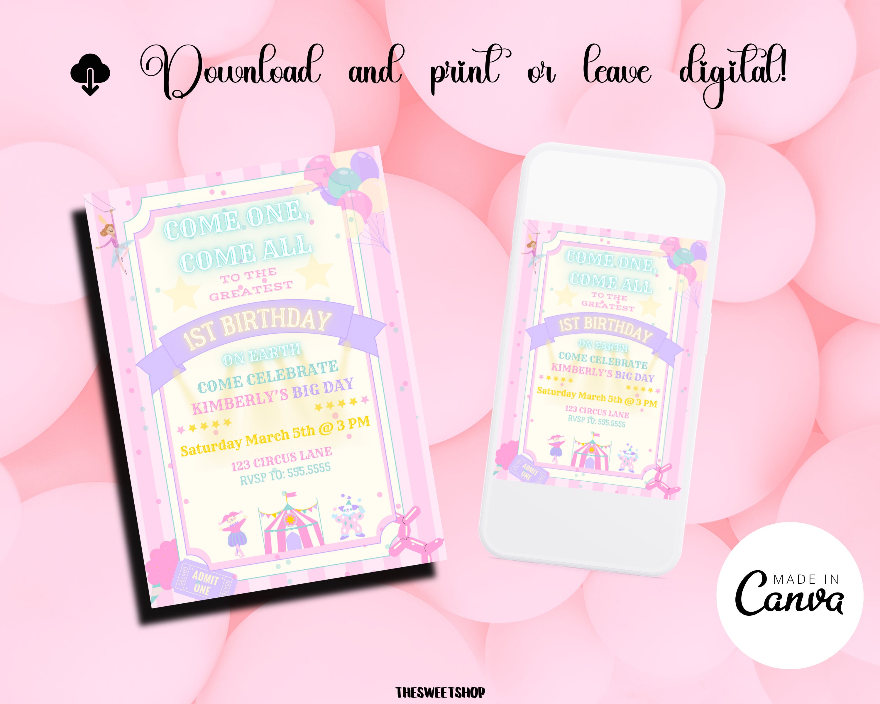 Circus Carnival Birthday Invitation INSTANT DOWNLOAD Pastel Kids Canva ...