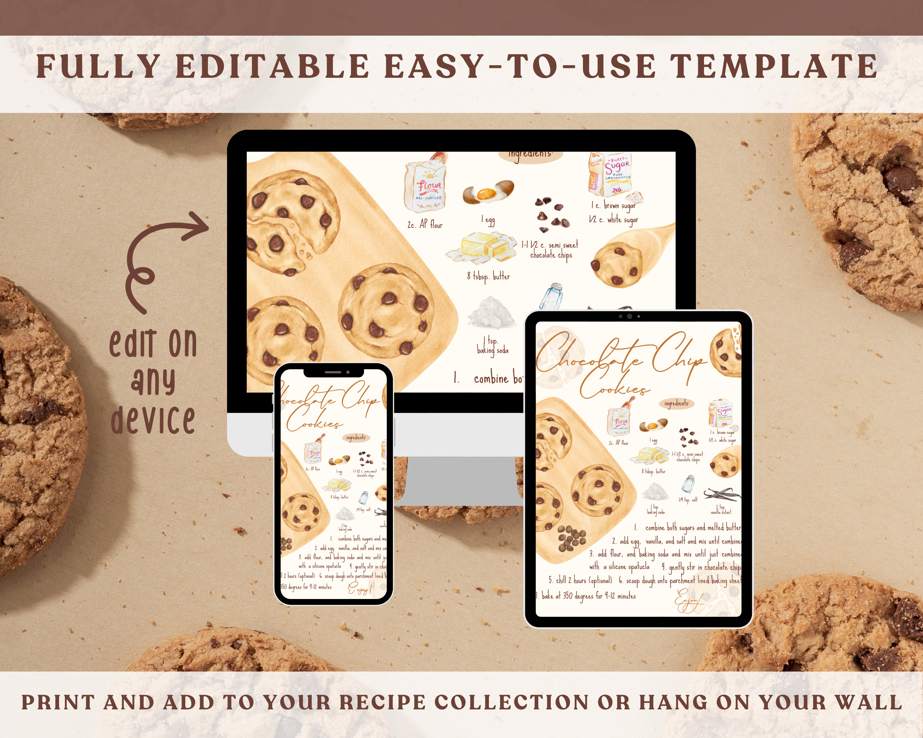 Illustrated Chocolate Chip Cookie Recipe Card Template (digital ...