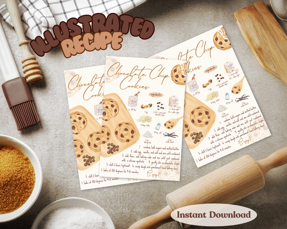 Illustrated Chocolate Chip Cookie Recipe Card Template (digital ...