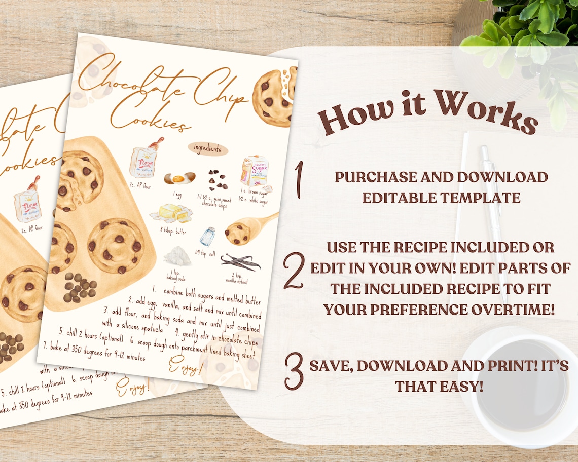 Illustrated Chocolate Chip Cookie Recipe Card Template (digital ...