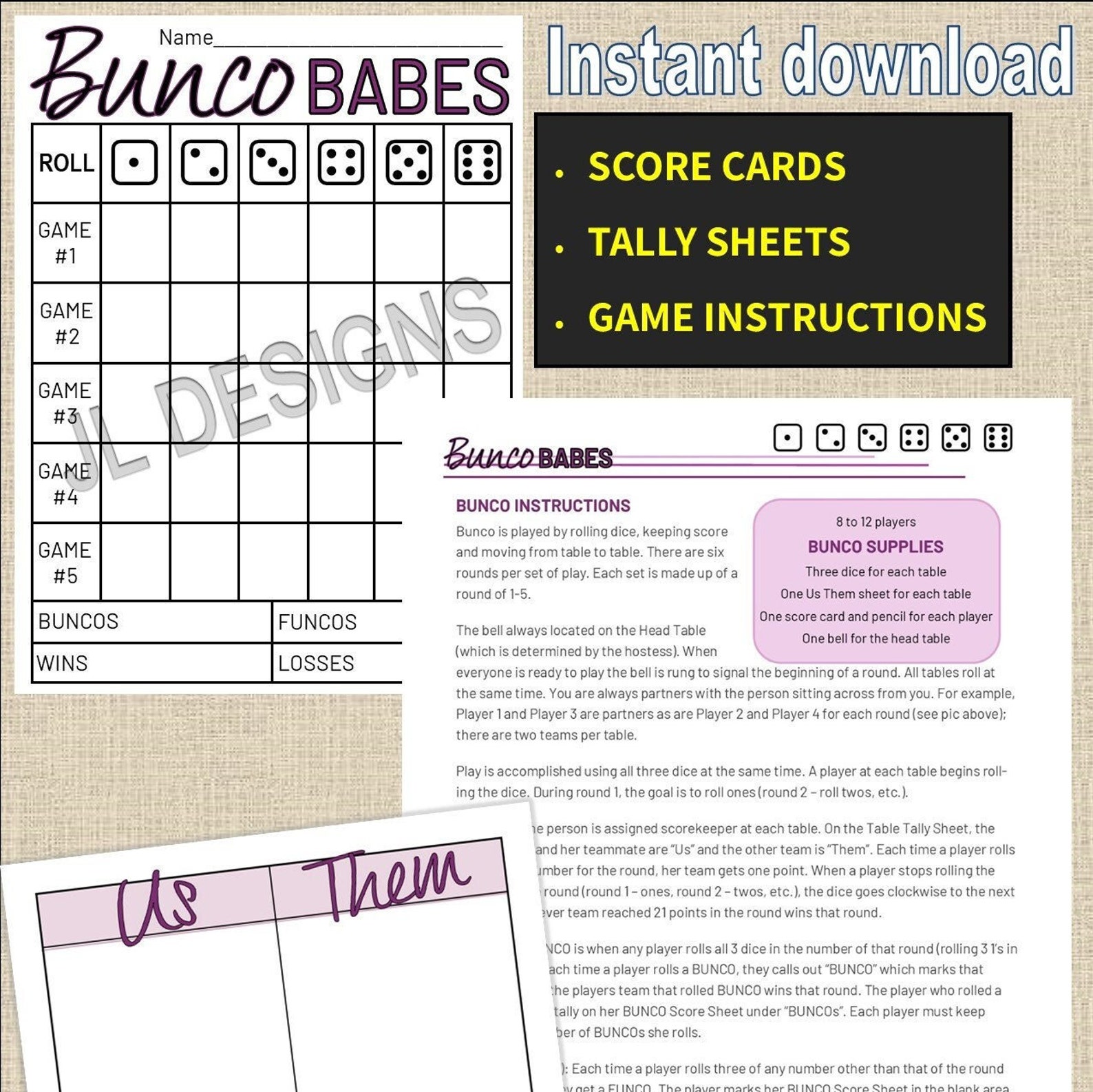 BUNCO Printable : Score Cards Tally Sheet Instructions - Etsy