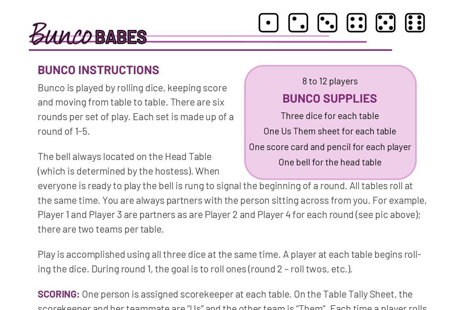 BUNCO Printable : Score Cards Tally Sheet Instructions - Etsy