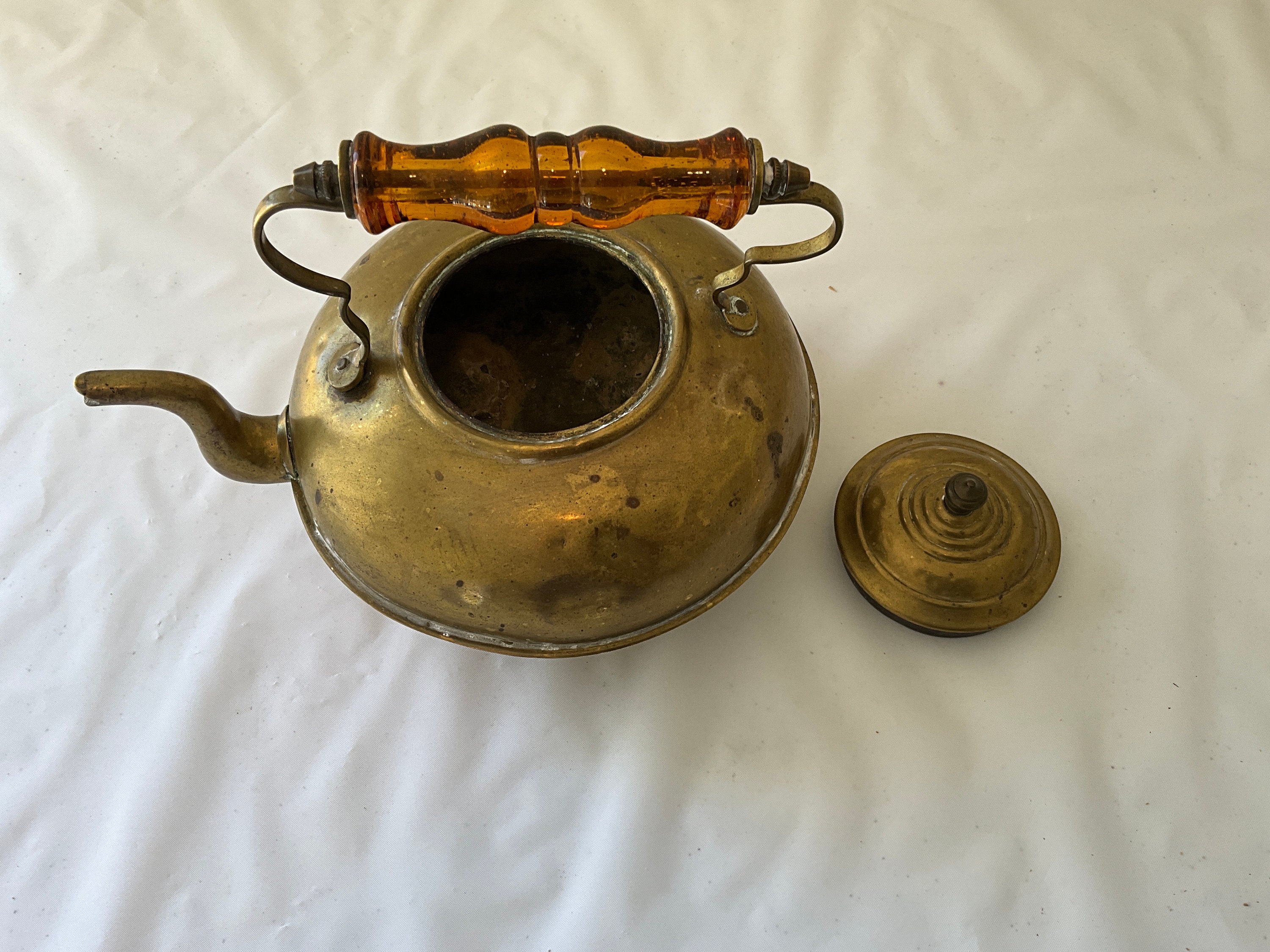 James Clews Birmingham Antique Victorian Brass Tea Pot With Amber Glass ...