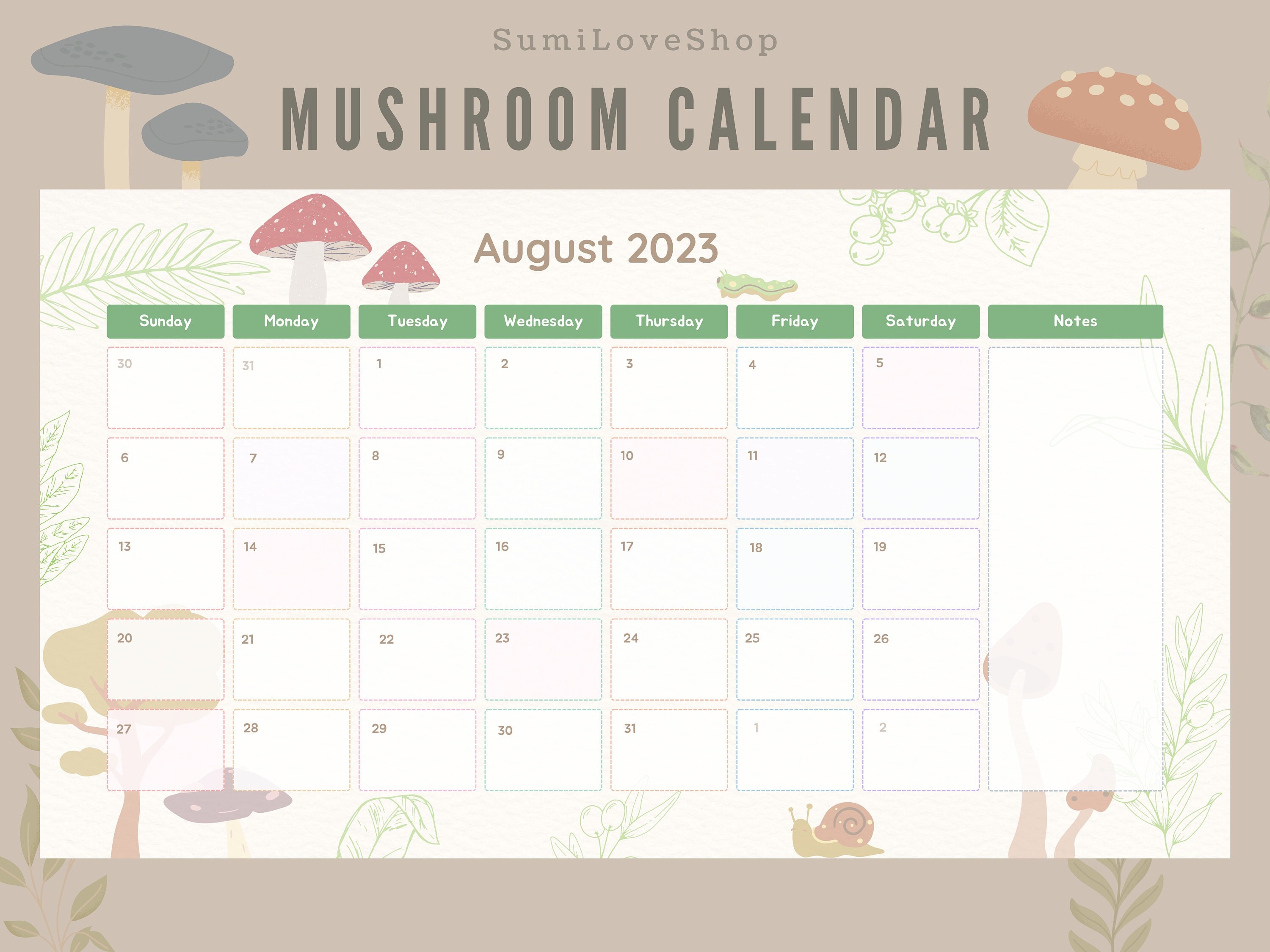 Mushroom Calendar 2022-2023 With Dates! (sunday-start), Horizontal ...