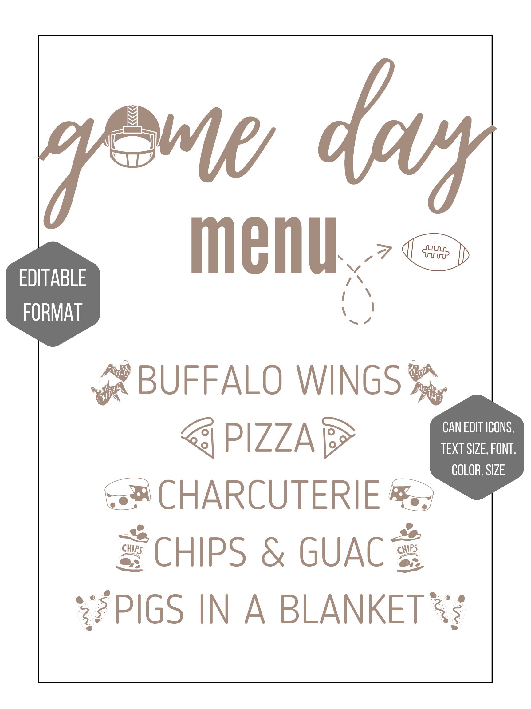 Editable Game Day Menu Sign Football, Superbowl, Sports, Party Editable ...