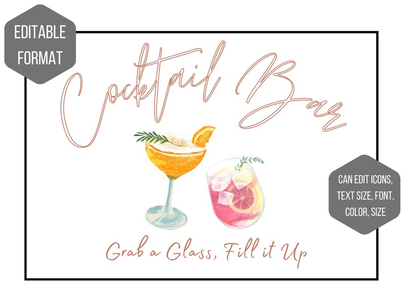 Editable Cocktail Bar Sign - Wedding, Engagement, Shower, Birthday ...