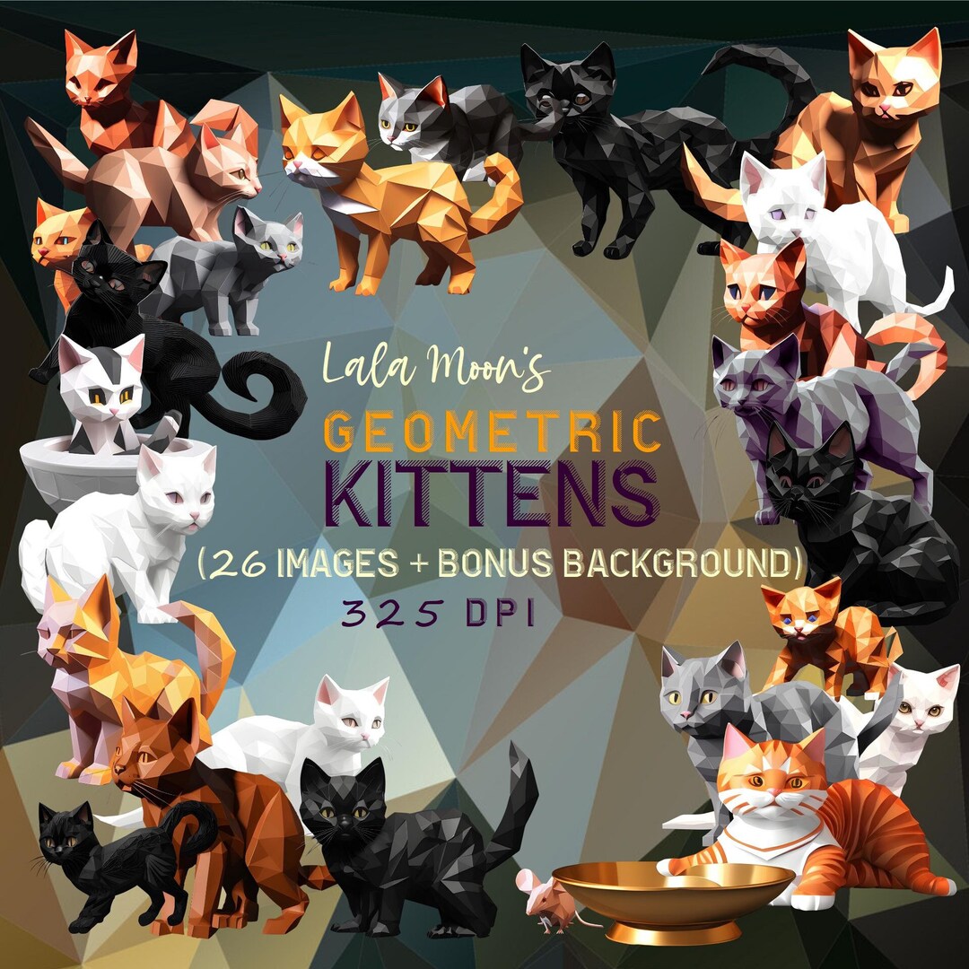 Geometric Kittens Clipart Cat Lovers Kitty Instant Download 325 Dpi Cat ...