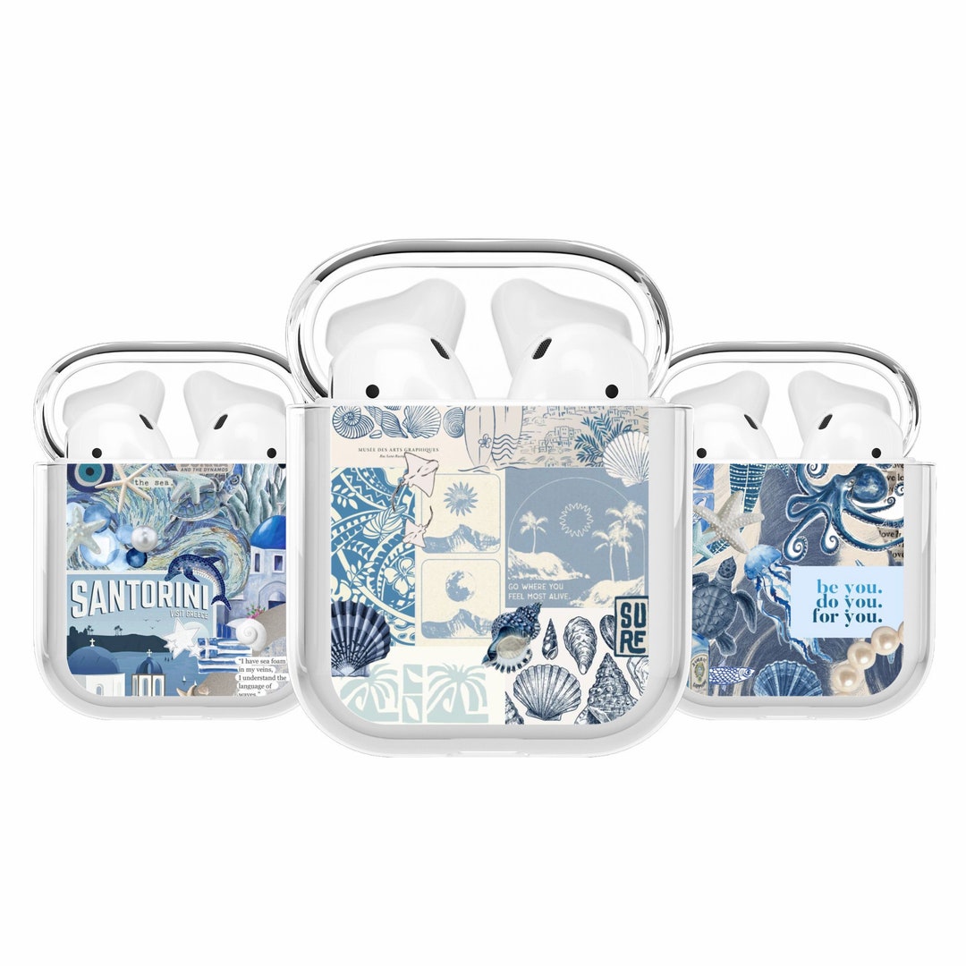 Blue Santorini Beachy Collage Design Earbuds Case Seashells Protective ...