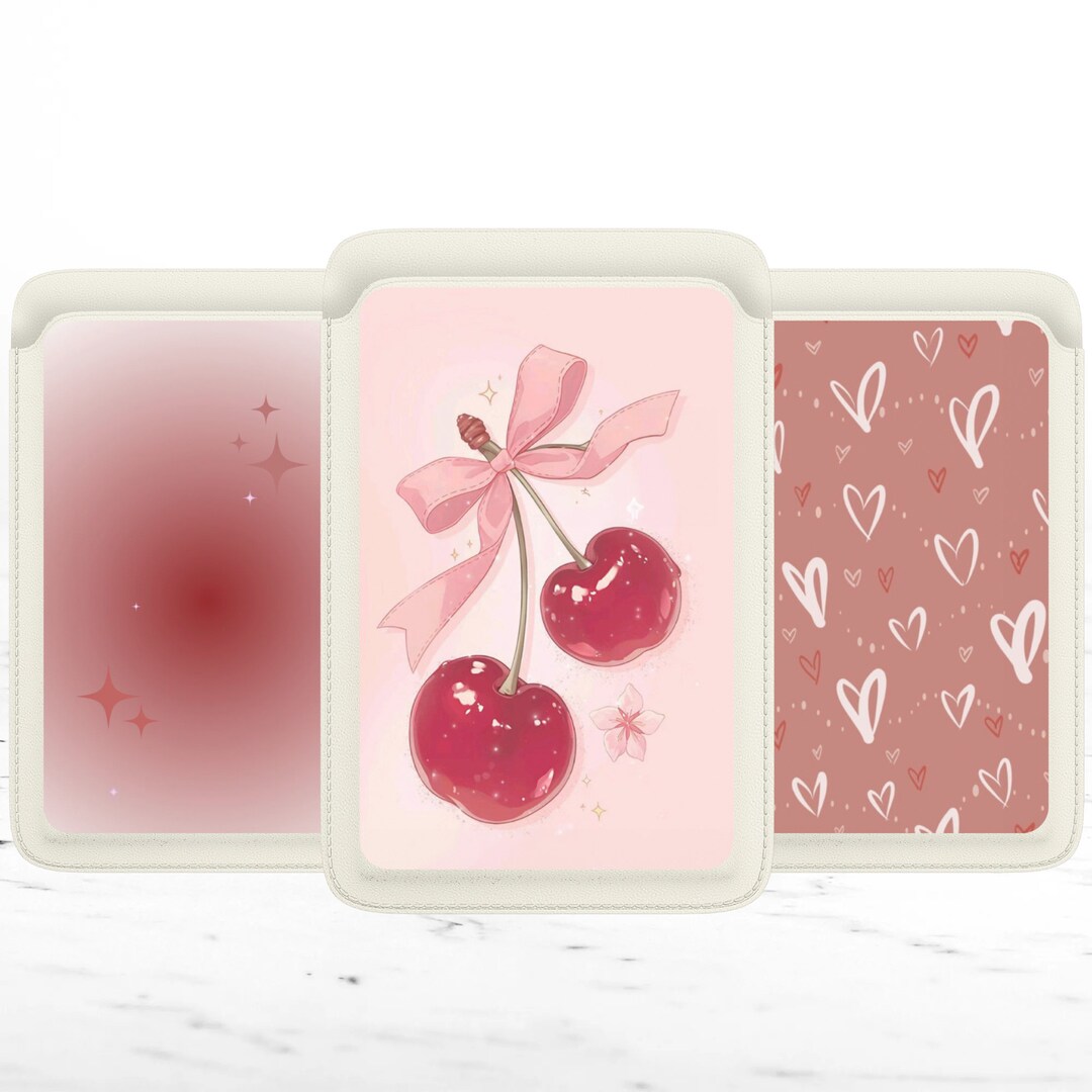 Cute Pink Coquettish Magsafe Wallet, Magnetic Leather Red Cherry ...