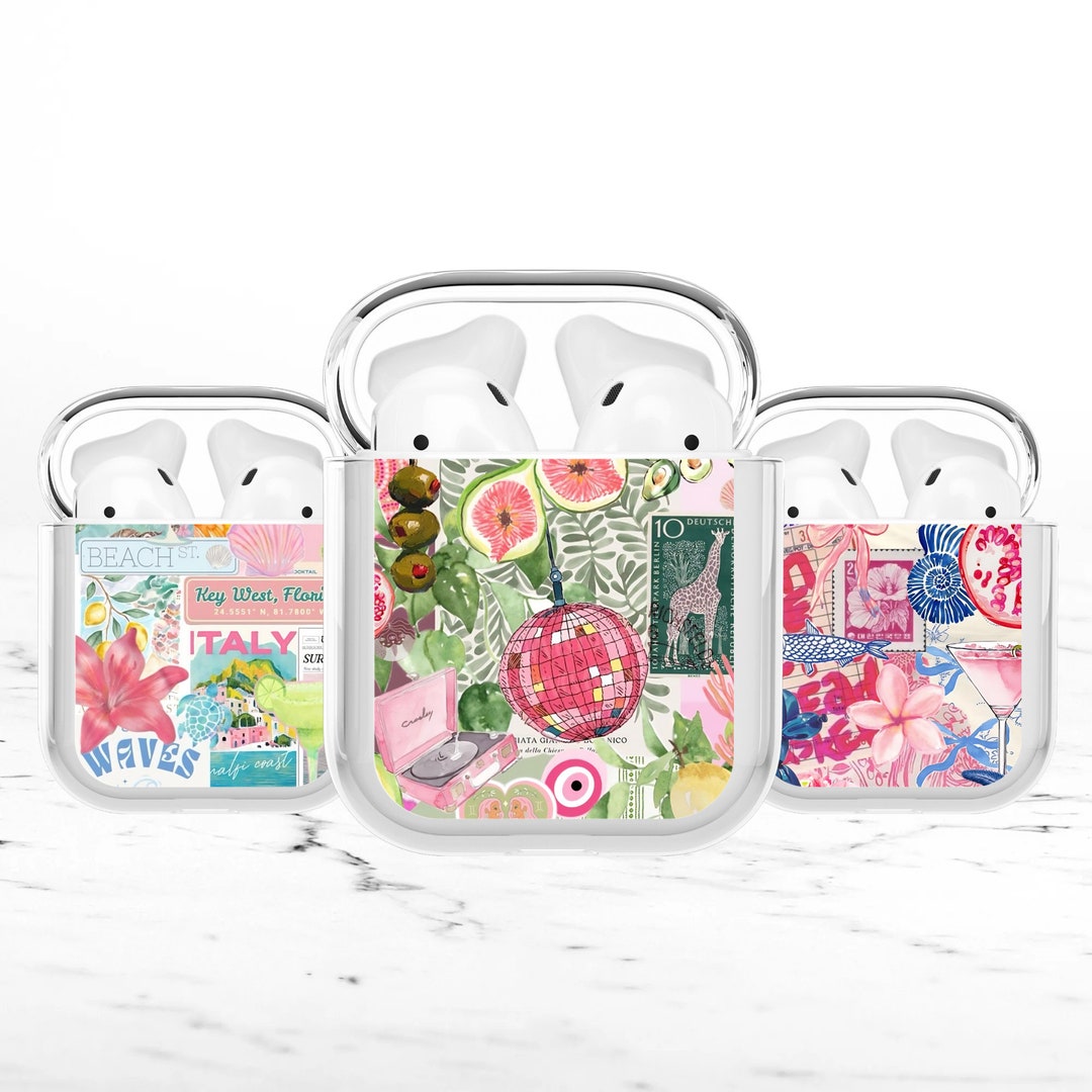 Preppy Beachy Collage Design Earbuds Case Cute Girly Coastal Protective ...