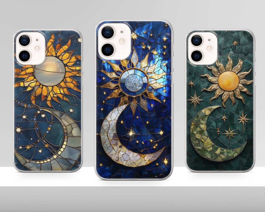 Celestial Faux Stained Glass Phone Case Sun Moon Stars Cover for iPhone ...