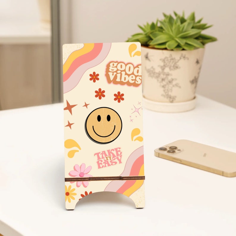 Vintage Smiley Face Wood Phone Stand, Preppy Summer Vibes Holder, Gift ...