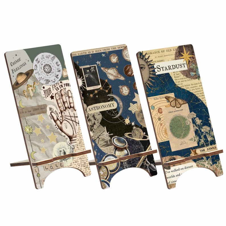 Dreamy Witchy Wood Phone Stand, Lunar Moon Collage Holder, Gift, Docking Station for iPhone 15 ...