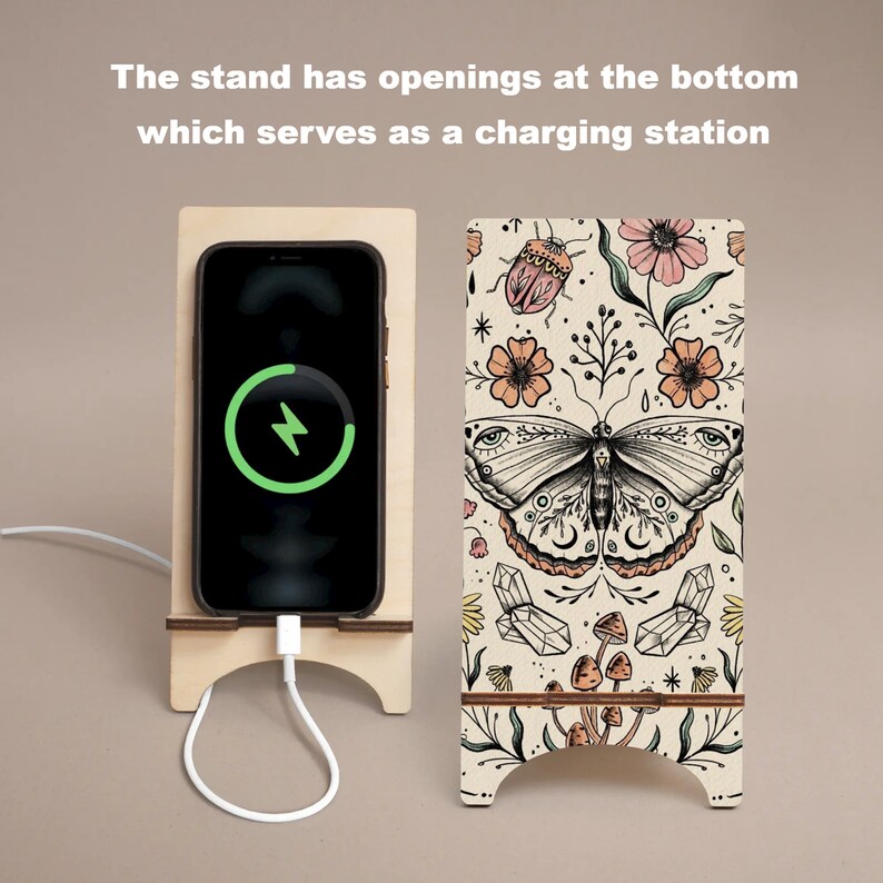 Vintage Bohemian Wood Phone Stand, Earthy Cottagecore Holder, Gift, Docking Station for iPhone ...