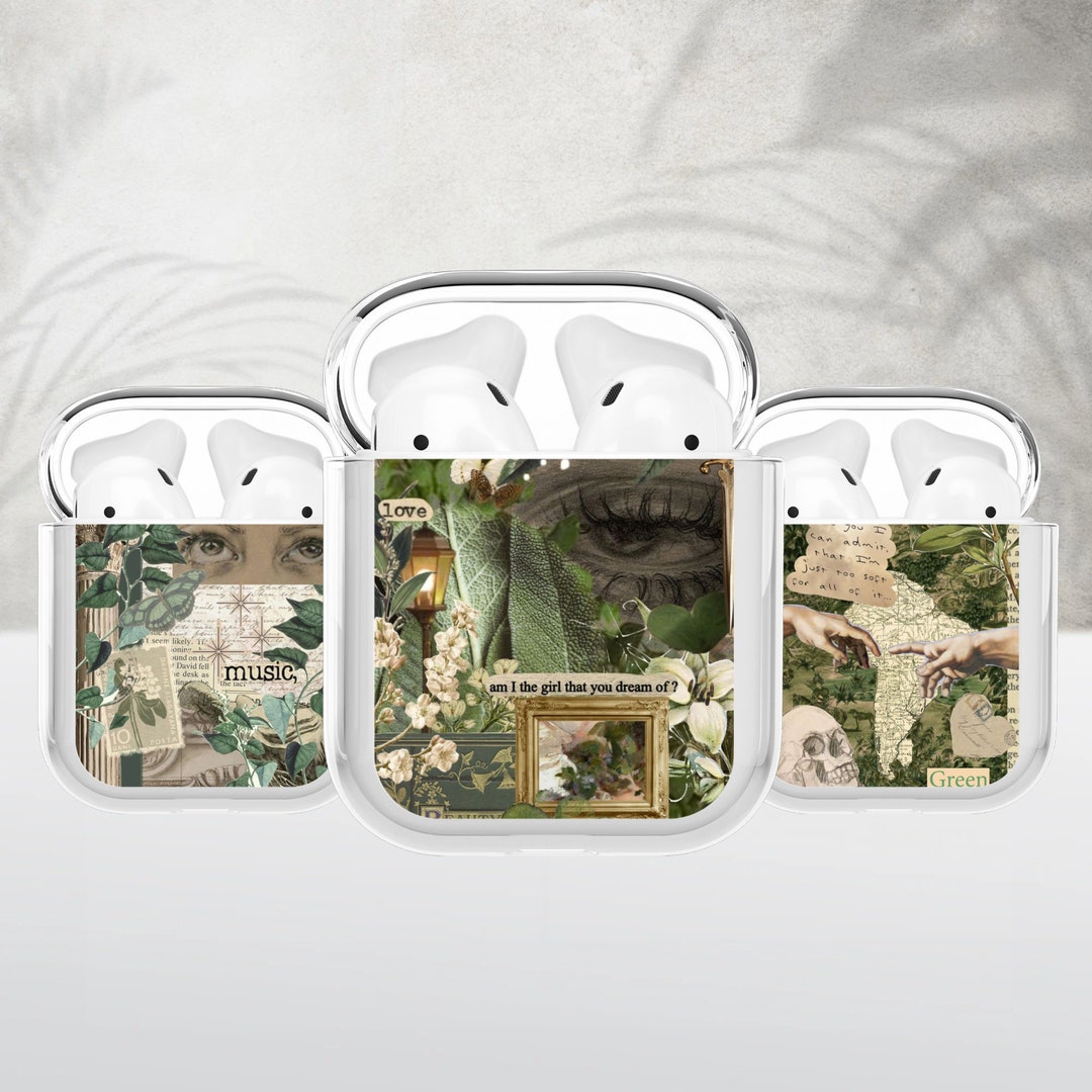 Aesthetic Sage Green Collage Design Headphone Case Vintage Protective ...