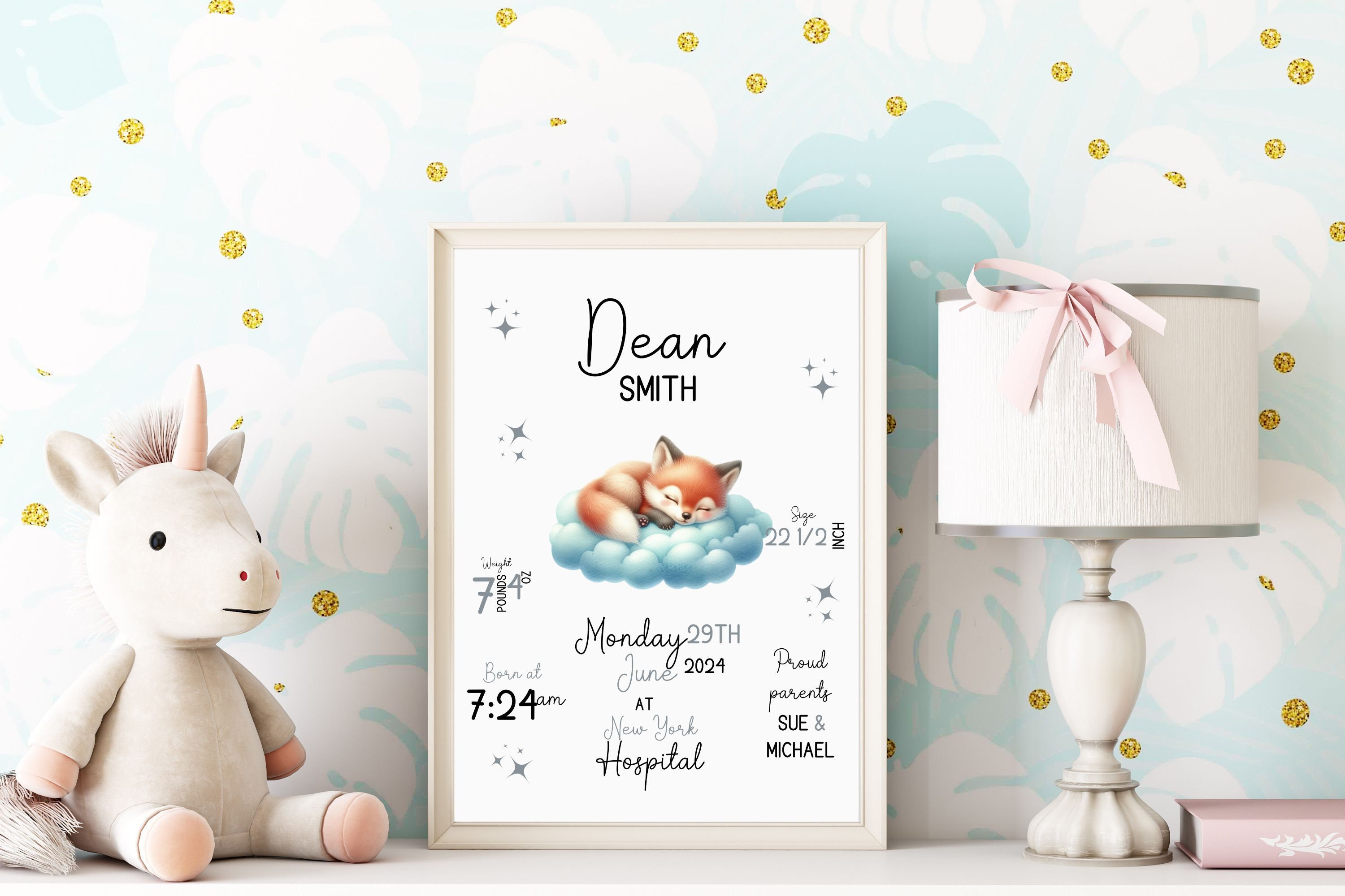 Custom Birth Poster Little Fox Wall Art, Gift for Memories, Perfect ...