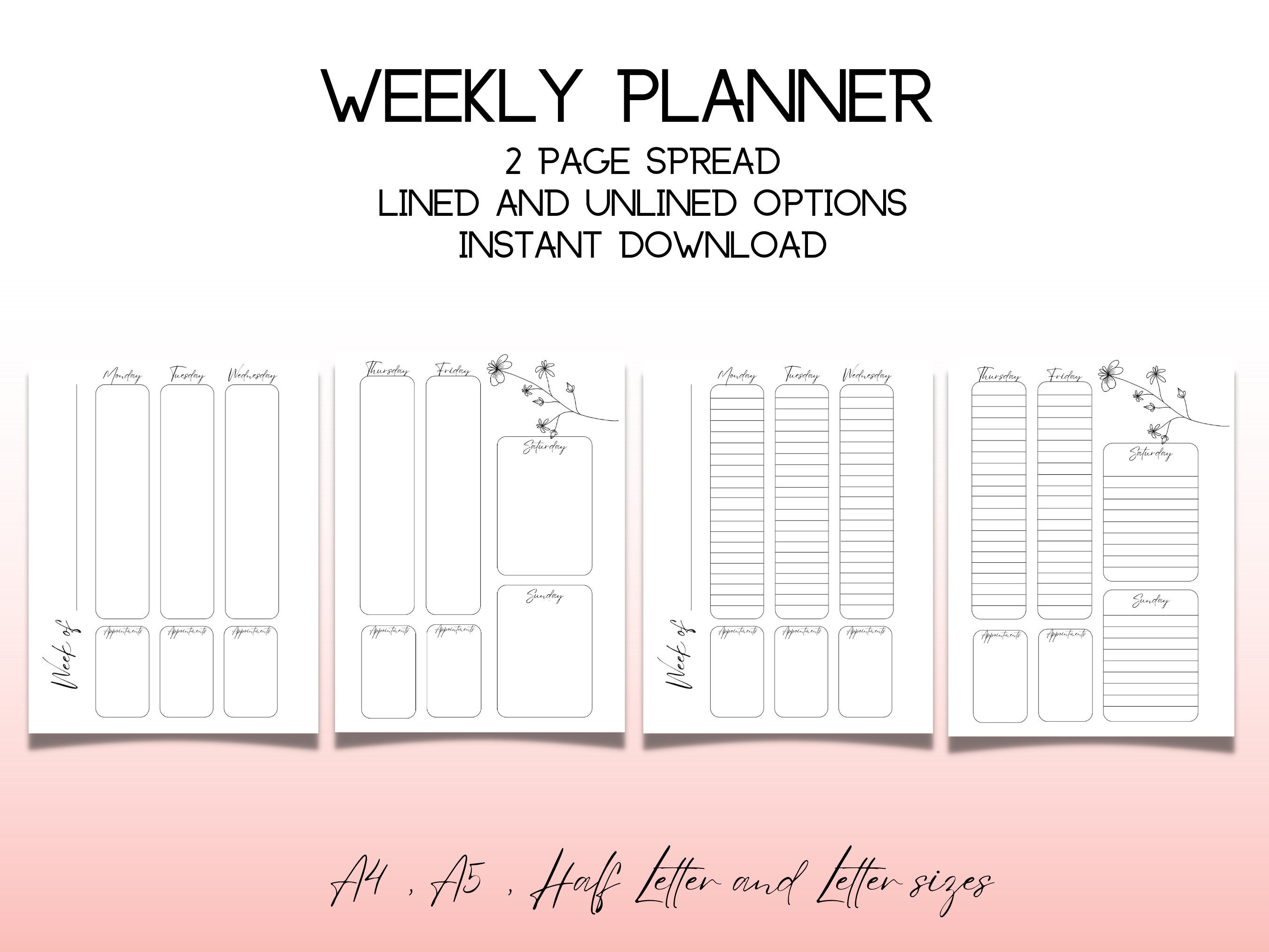 Weekly Planner Printable Bullet Journal Insert Week at a Glance Weekly ...