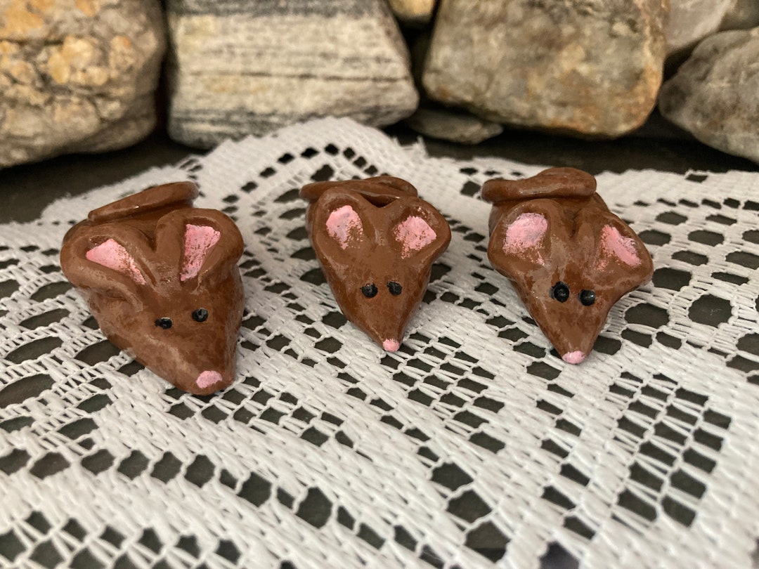 3 Mice Figurines Brown Church Mouse Cute Clay Mouse Sculptures Small ...
