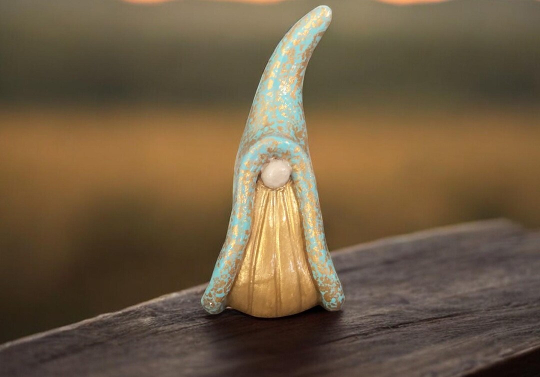 Gold and Aqua Gnome Wizard Handmade Clay Gnomie Sculpture Gonk Figurine ...