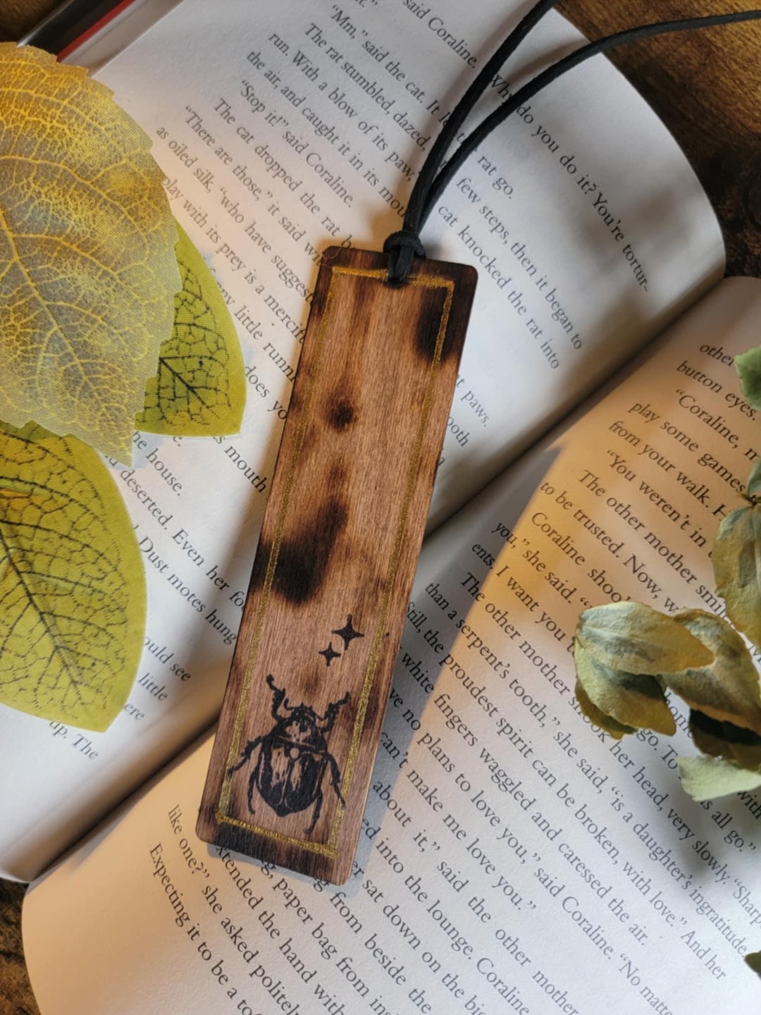 Beetle Bookmark, Gold Paint, Handmade, Black Leather String, Gift, Self ...