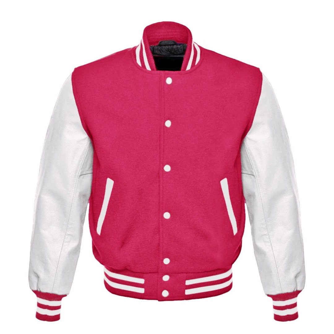 Pink Wool Varsity Baseball Letterman College Bomber Jacket W/ Real ...