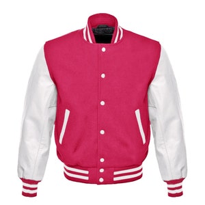 Pink Wool Varsity Baseball Letterman College Bomber Jacket W/ Real ...