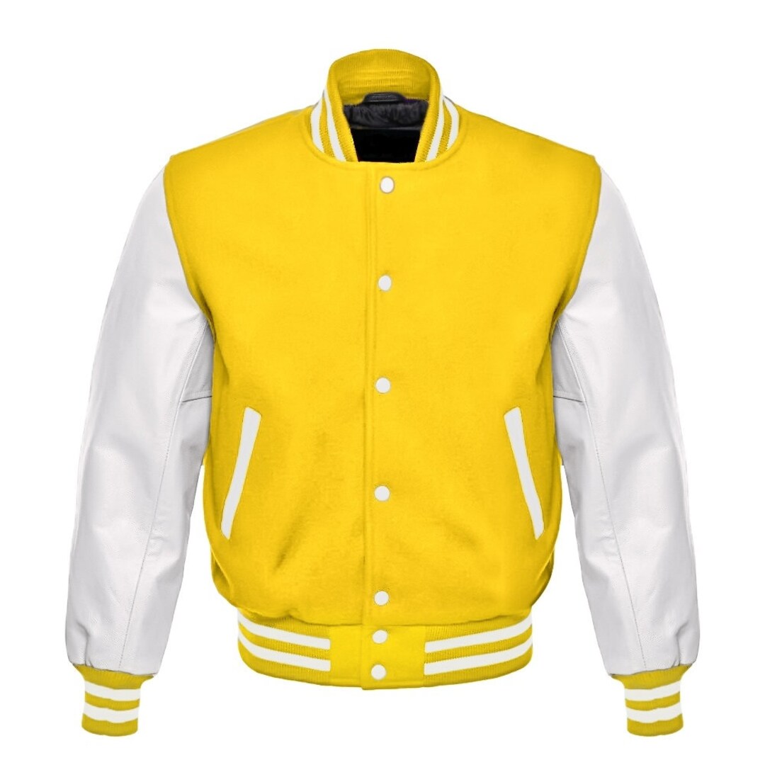 Yellow Varsity Baseball Letterman College Bomber Jacket W/ Real White ...