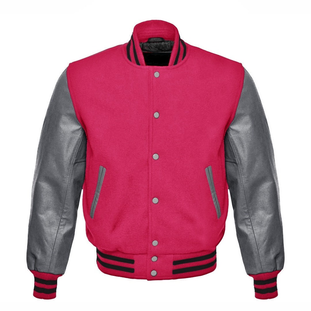 Hot Pink Varsity Baseball Letterman College Bomber Jacket W/ Real Gray ...