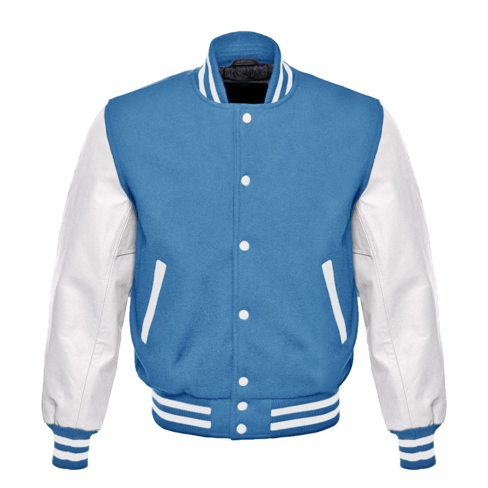 Sky Blue Varsity Baseball Letterman College Bomber Jacket W/ Real White Cowhide Leather Sleeves ...