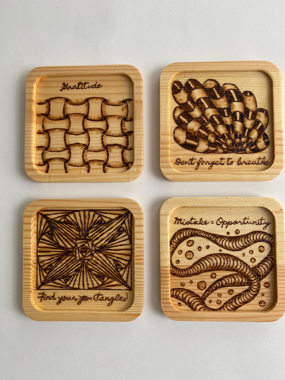 Zentangle Pyrography (woodburned) Pine Coasters - Set of 4 - Etsy