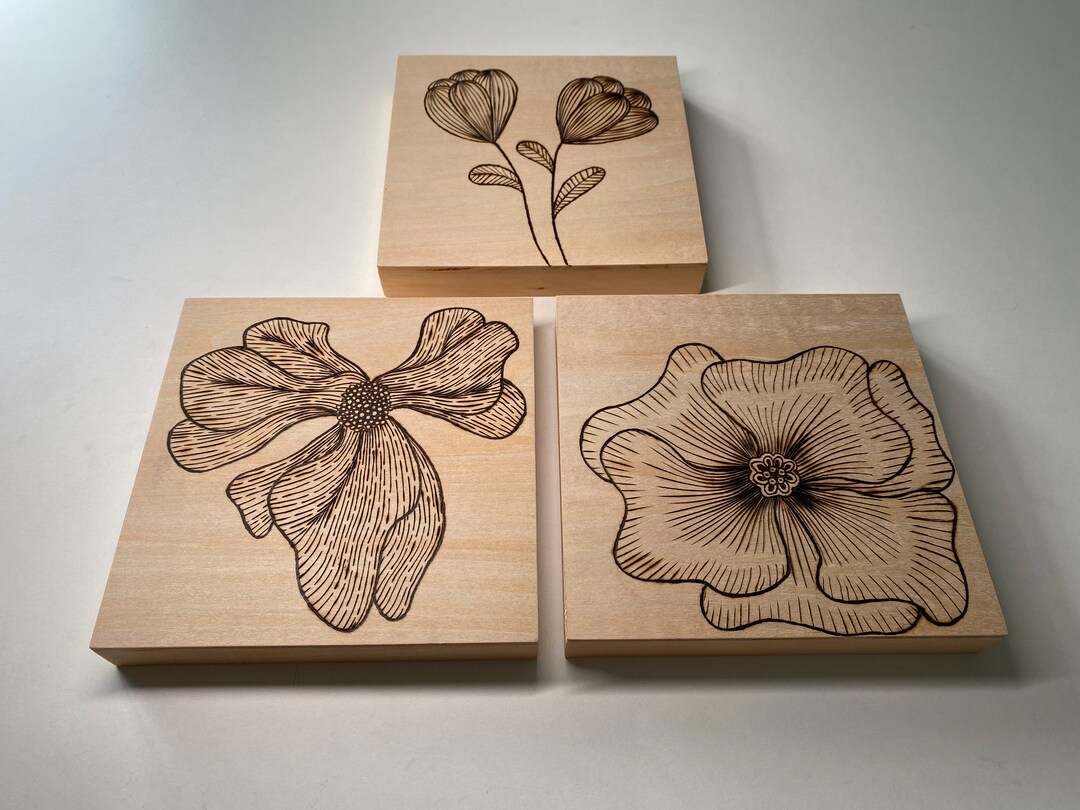 Wall Art: Zentangle Flowers - Trio of 6”x6” Tiles - Woodburned ...