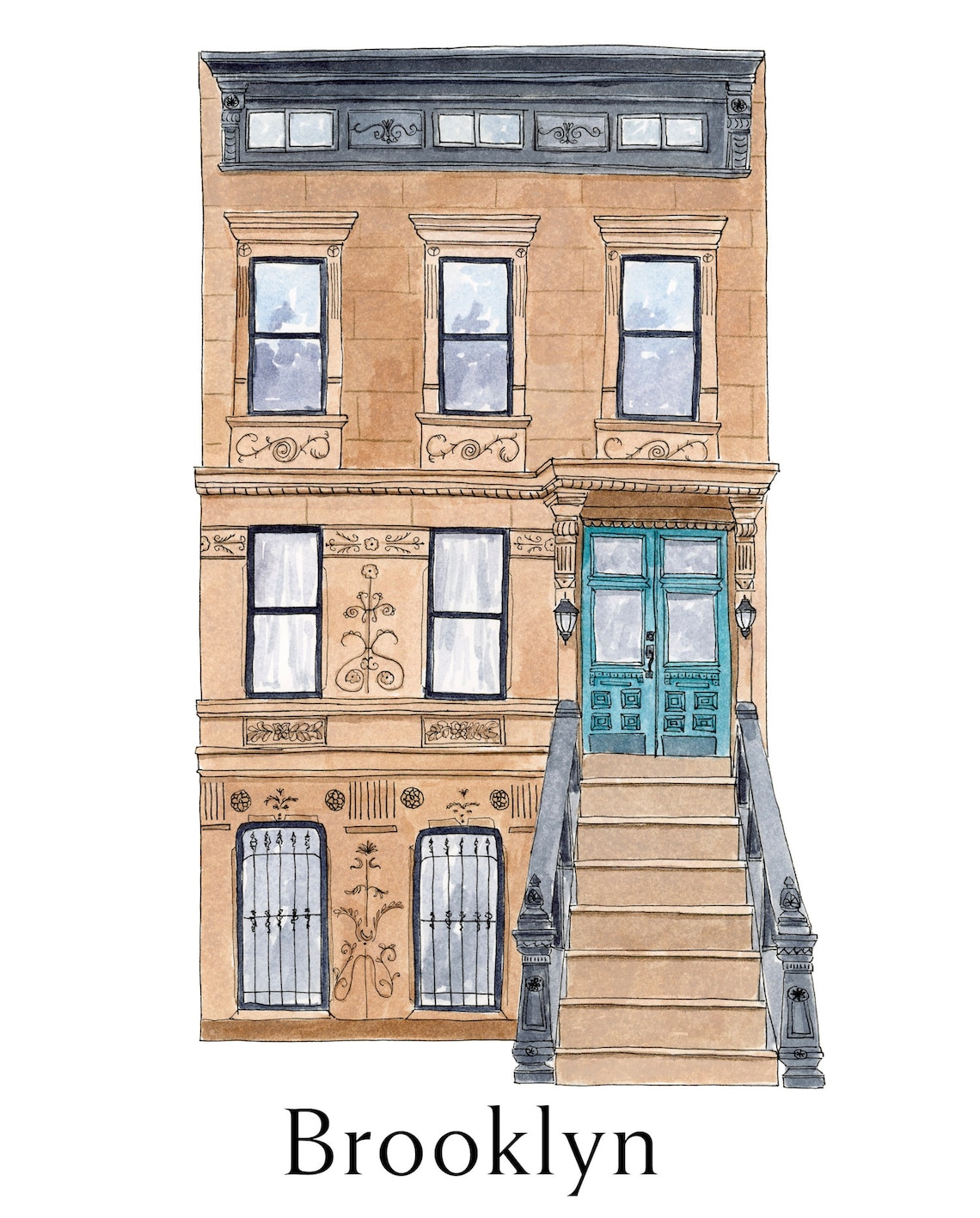 Brooklyn Brownstone Art Print Giclee Poster Watercolor Painting NYC ...