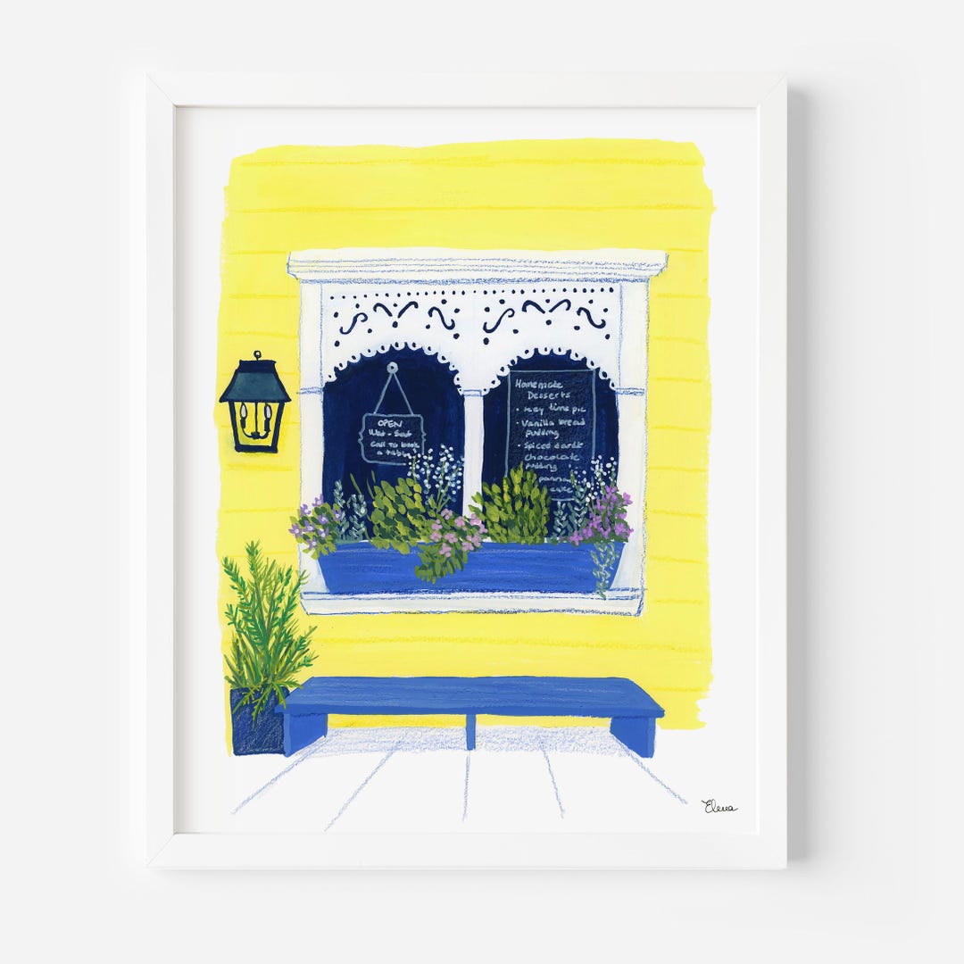 Charming Cafe Window Art Print | Cozy Coffee Shop Scene | Hand-painted ...