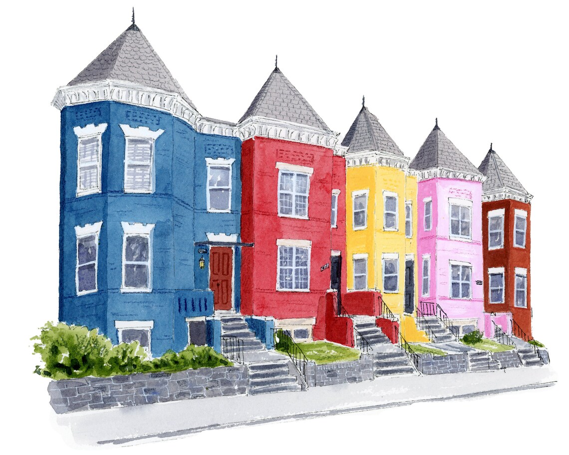 Row Houses in Washington DC Art Print the District Poster Watercolor ...