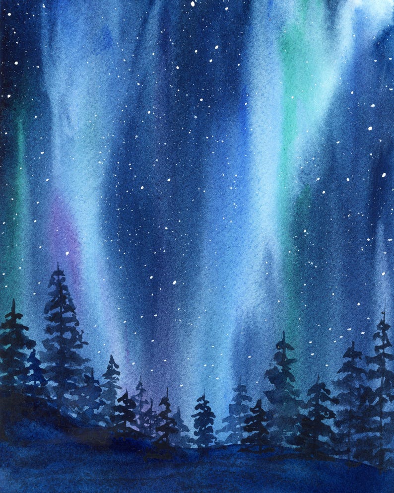 Northern Lights Watercolor Art Print | Northern Lights Poster | Gift ...