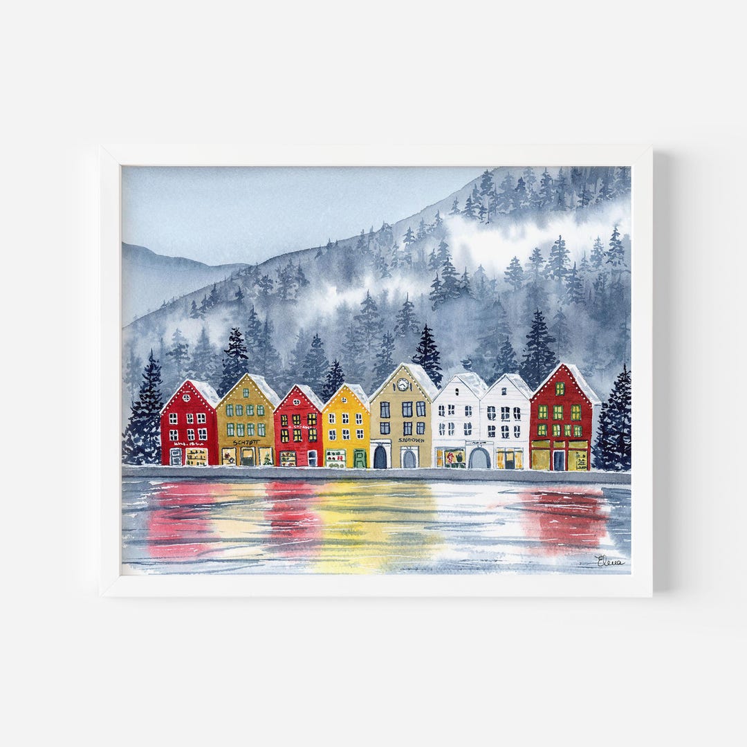 Bryggen Bergen Art Print | Norwegian Landscape Watercolor Painting ...