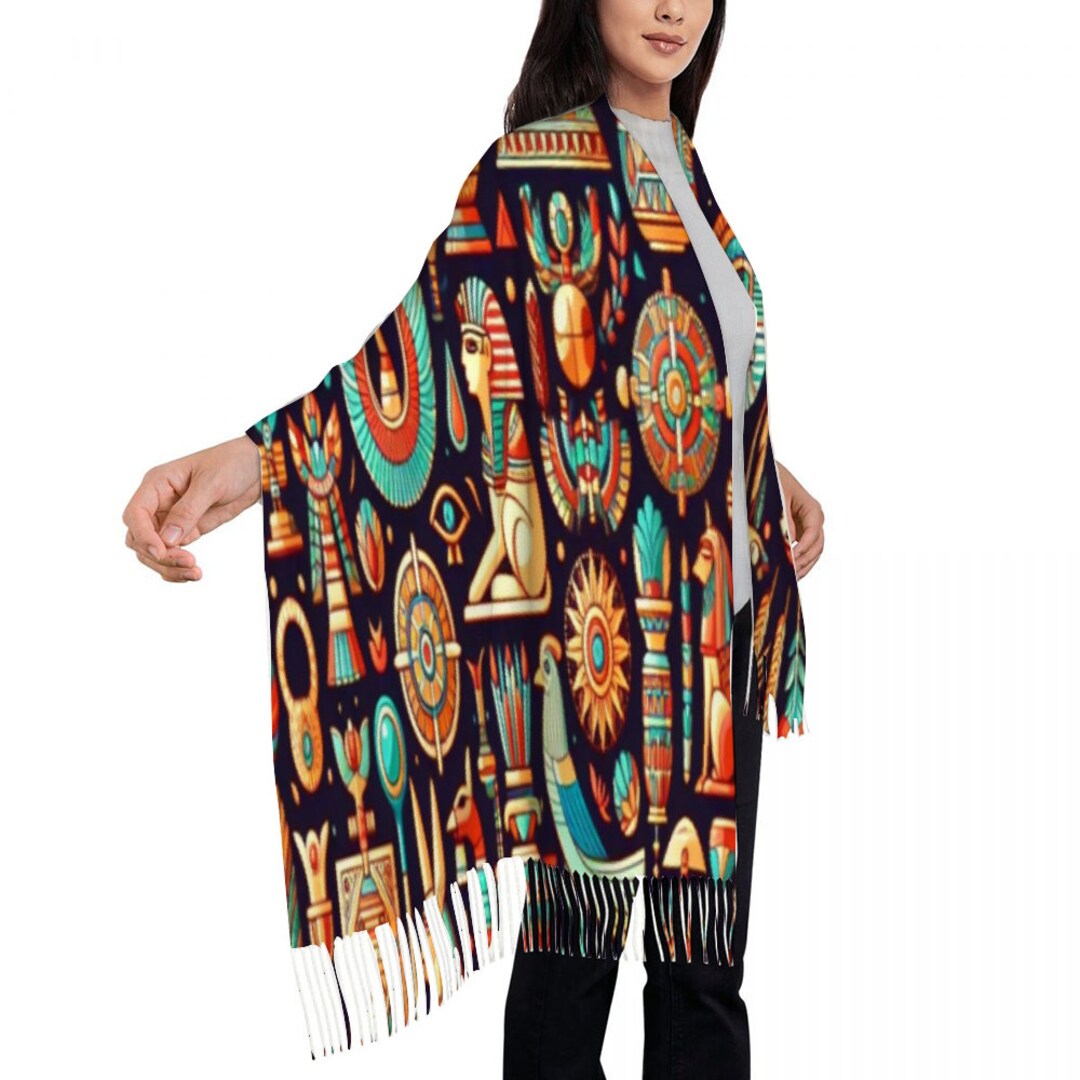 Nile Dream Vibrant Ancient Egyptian Pattern Tassel Scarf Neckerchief ...