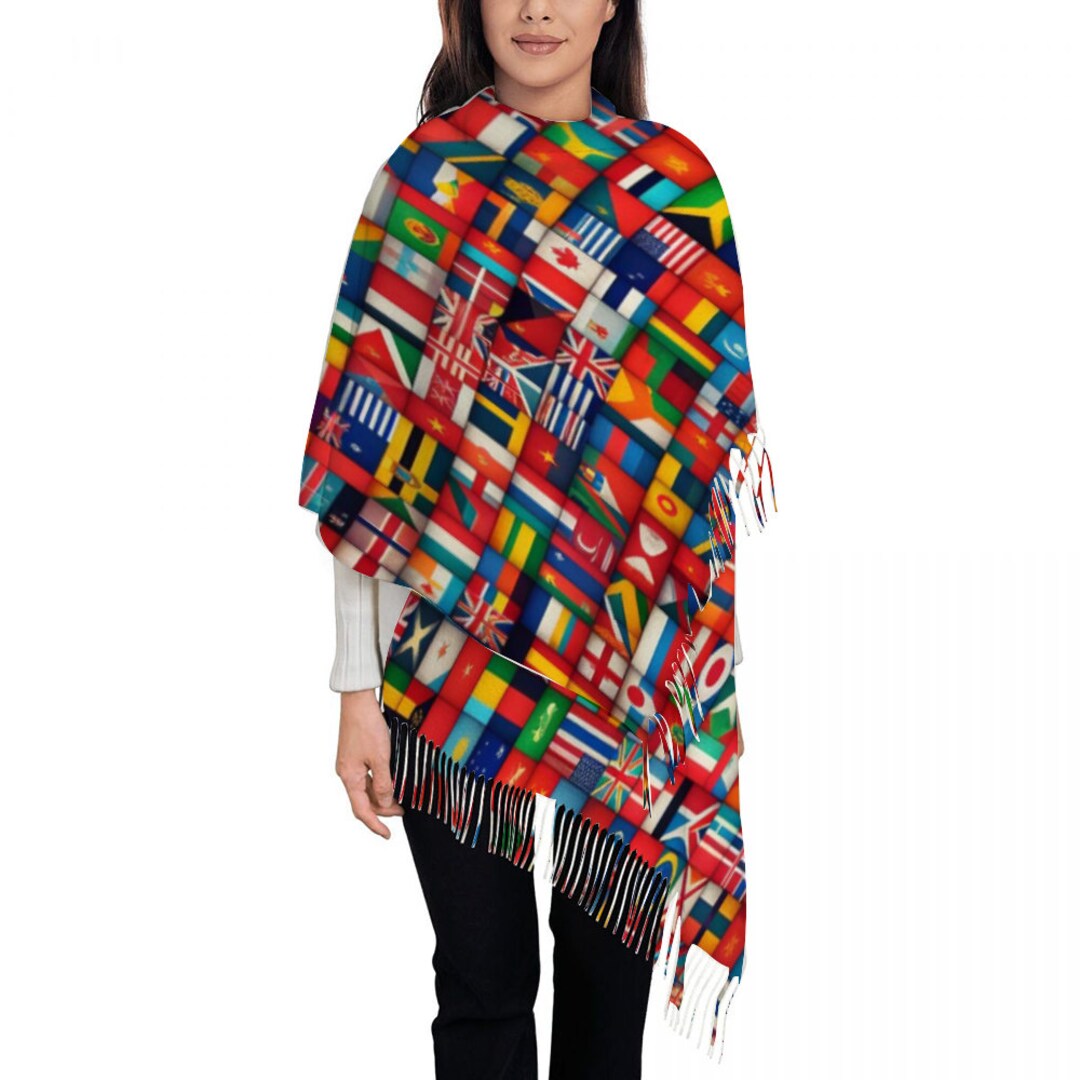 All the Countries Flag Pattern Tassel Scarf Neckerchief for Women 28.35 ...