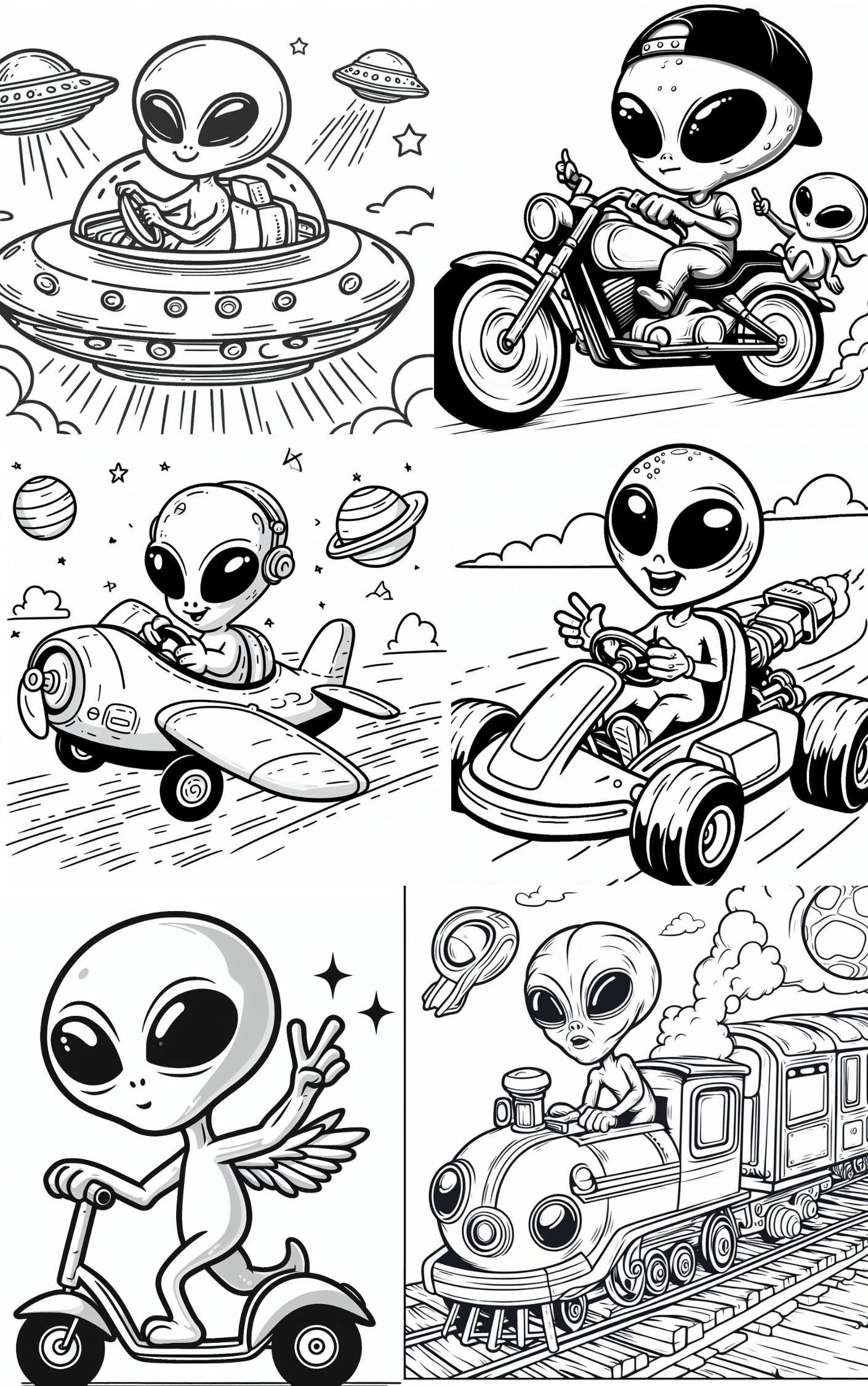 Cartoon Aliens Driving Vehicles 50 Page Downloadable Coloring - Etsy