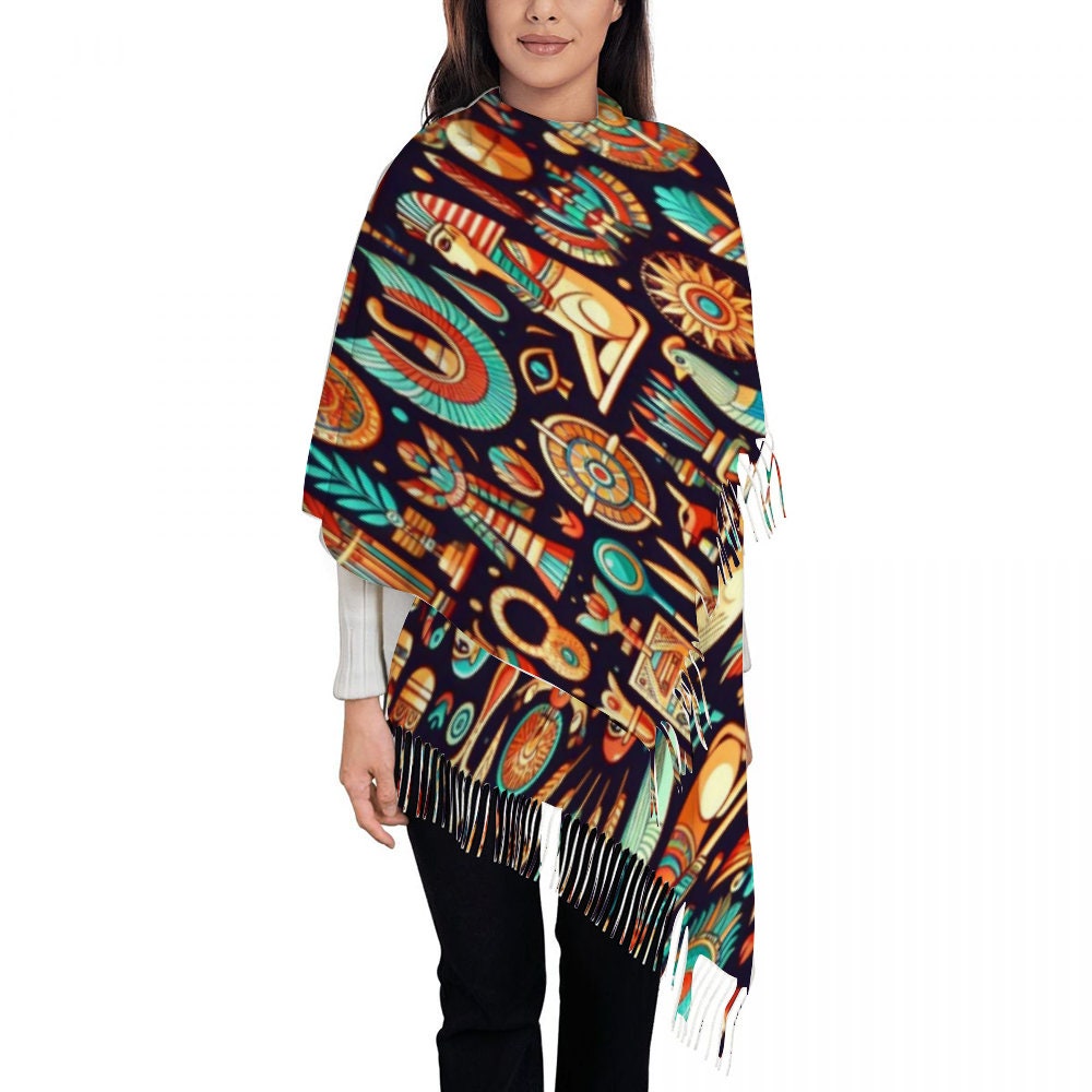 Nile Dream Vibrant Ancient Egyptian Pattern Tassel Scarf Neckerchief ...