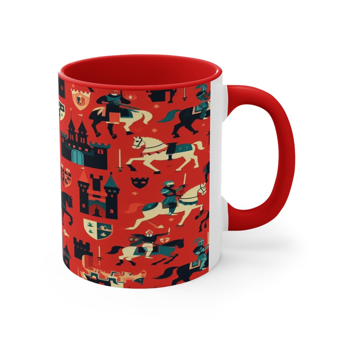 Red Medieval Knights Horses and Castles Pattern Accent Coffee Mug, 11oz ...