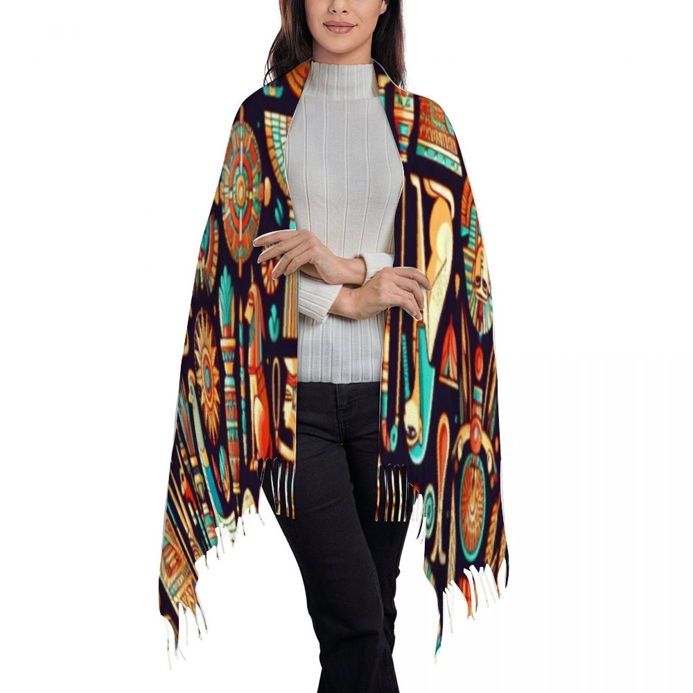 Nile Dream Vibrant Ancient Egyptian Pattern Tassel Scarf Neckerchief ...