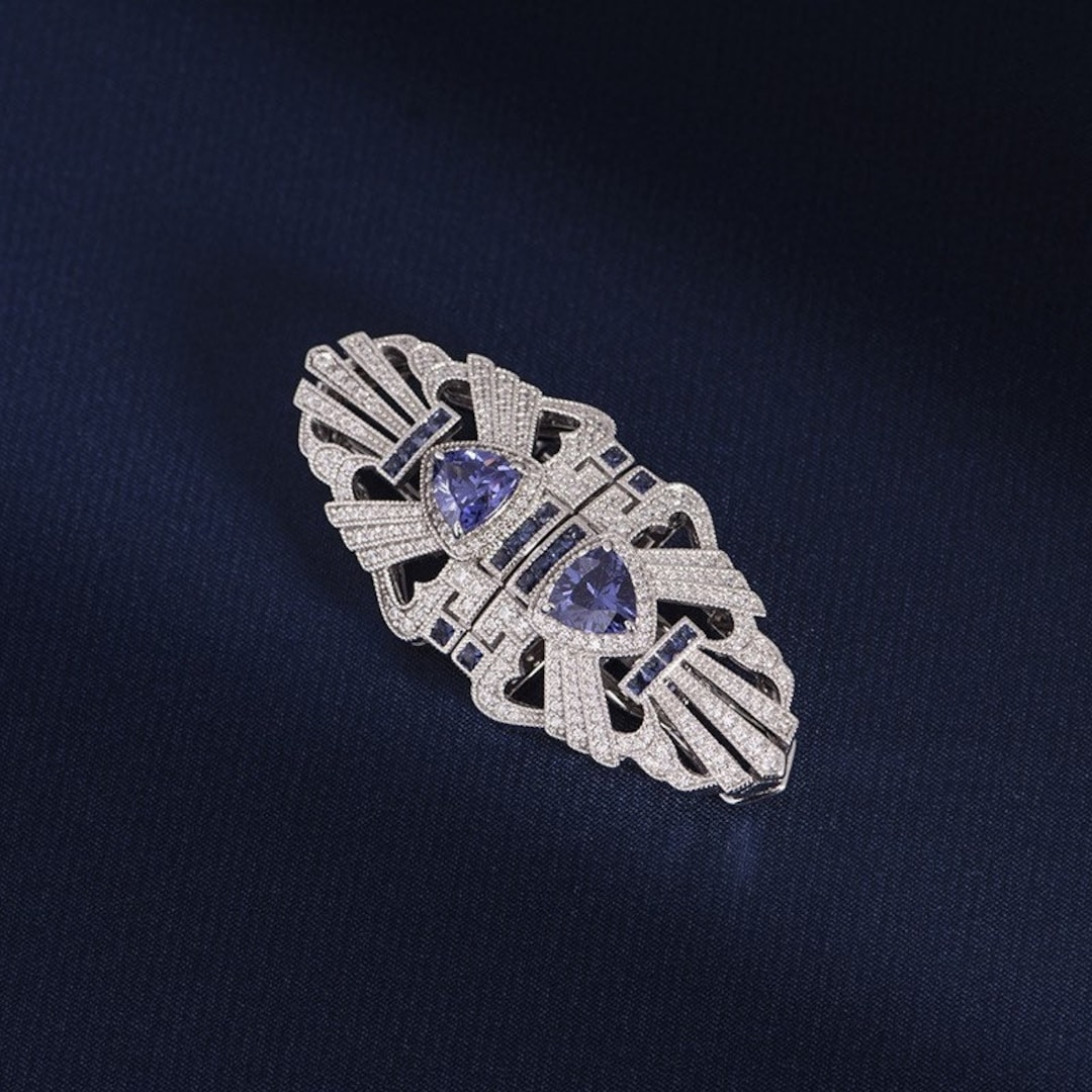 Art Deco Style Brooch, Silver Brooch, Retro Brooch, Classic Double Clip ...