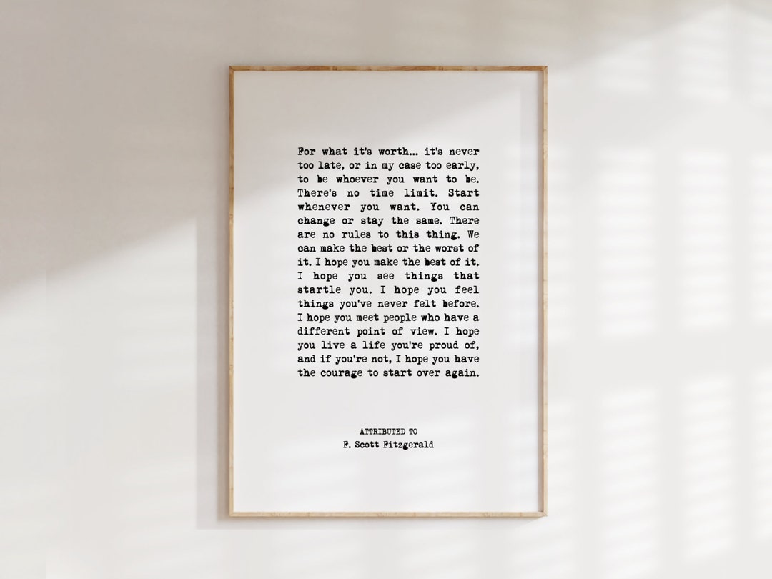 For What It’s Worth | F. Scott Fitzgerald Inspirational Quote Art Print ...