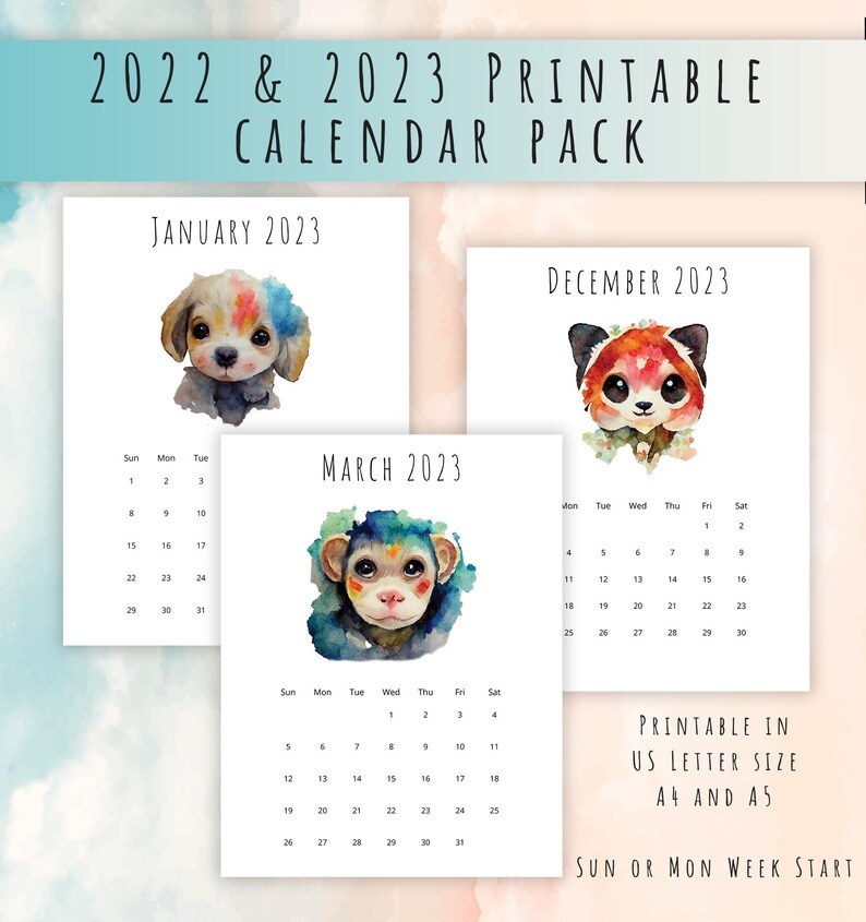 Printable 2023 Cute Watercolor Animals Calendar Bundle With - Etsy