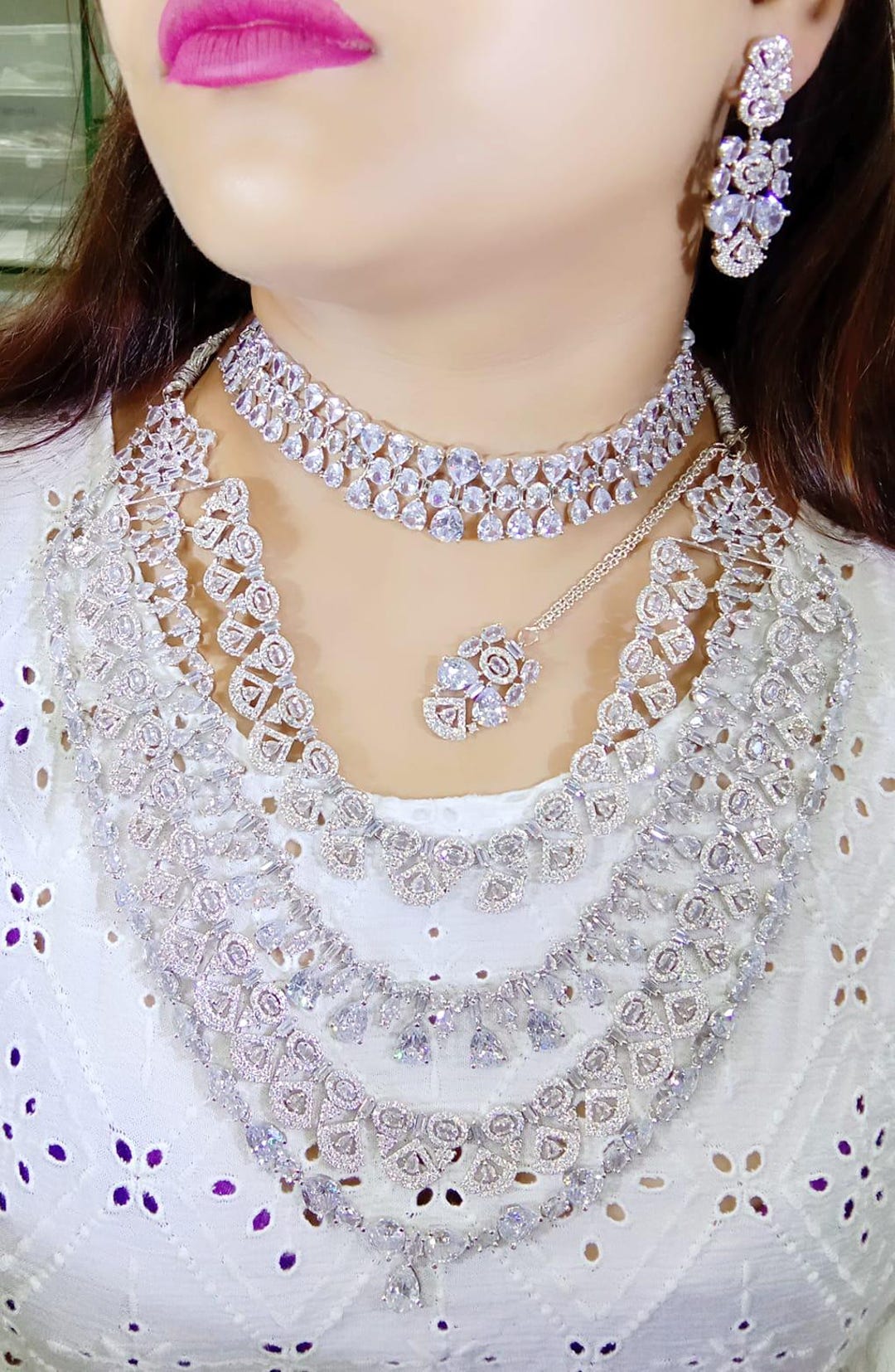 American Diamond Bridal Jewelry Set, Indian Long Wedding Jewel Set, AD ...