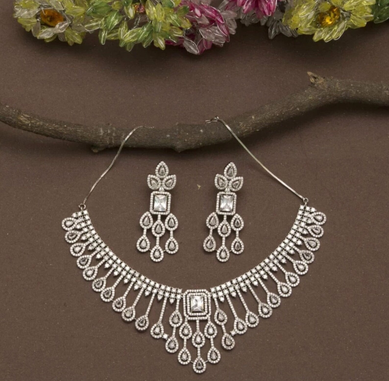 American Diamond Necklace Earrings, Indian Bridal Jewelry, CZ Necklace ...