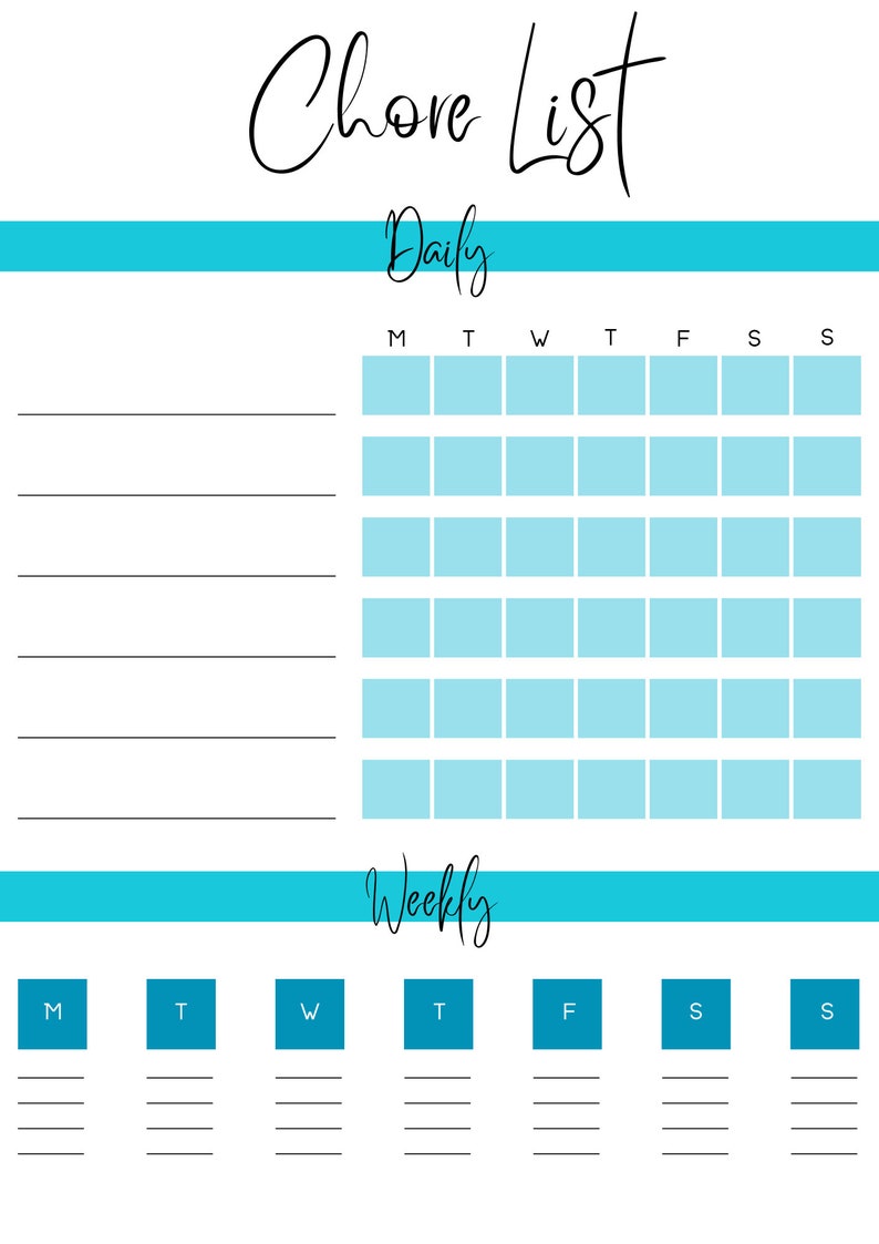 Blue Chore List Chore Chart Printable DIGITAL Download Kids Chore Adult ...