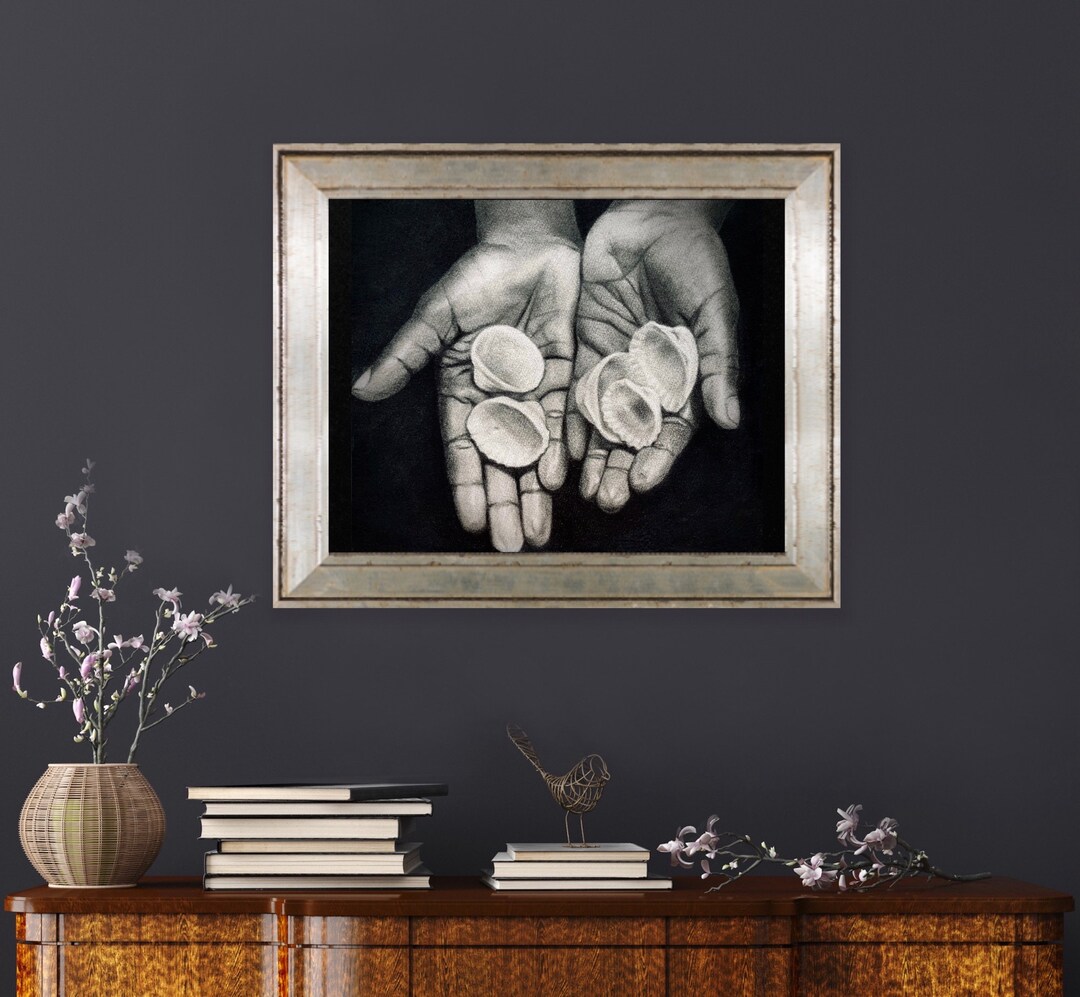Hands Holding Shells Drawing, Charcoal Shell Drawing, Black and White ...