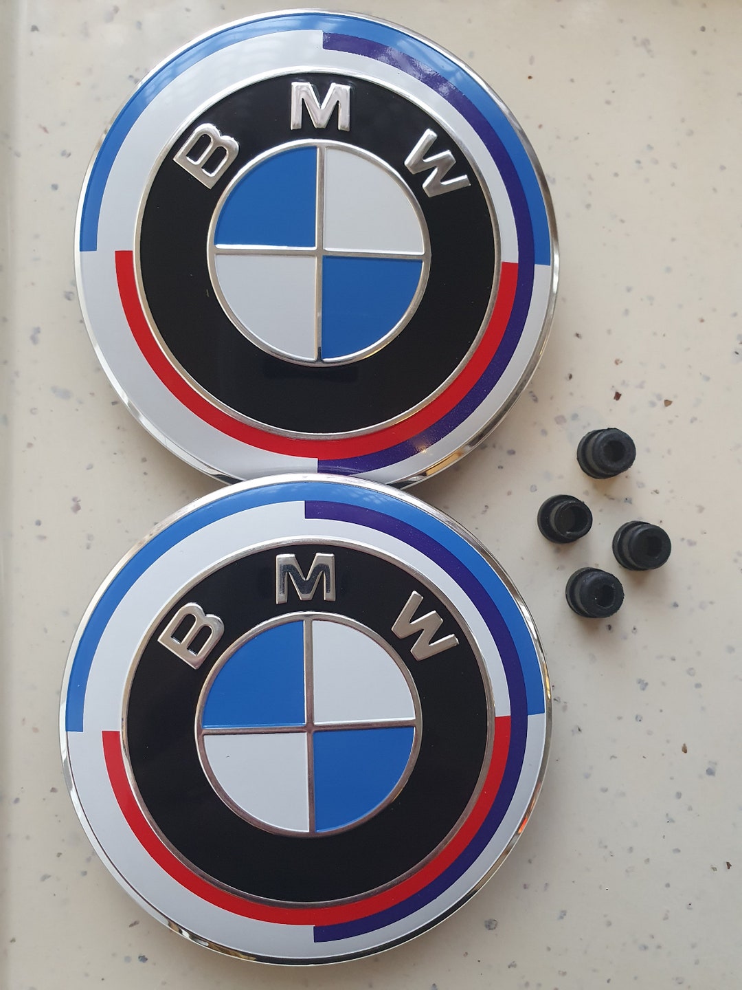 2 BMW Emblem Badge Bonnet 82mm Trunk 82m Logo Emblem 50th Anniversary ...